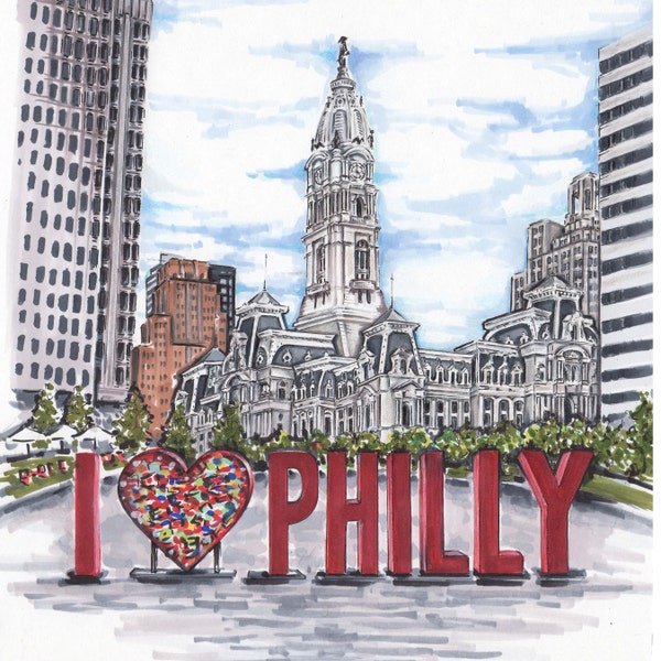High End Art Print of a Pencil Illustration of the Philly Skyline ...