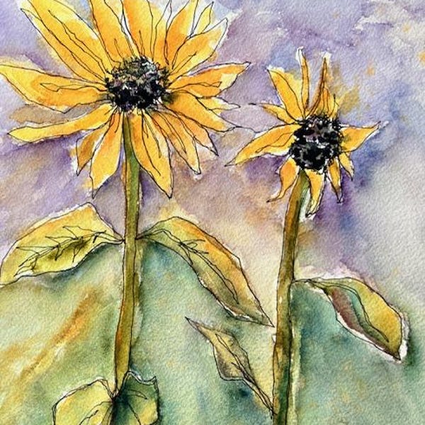 Daisy Watercolor Painting, Original Art, One Line Drawing, Flowers ...