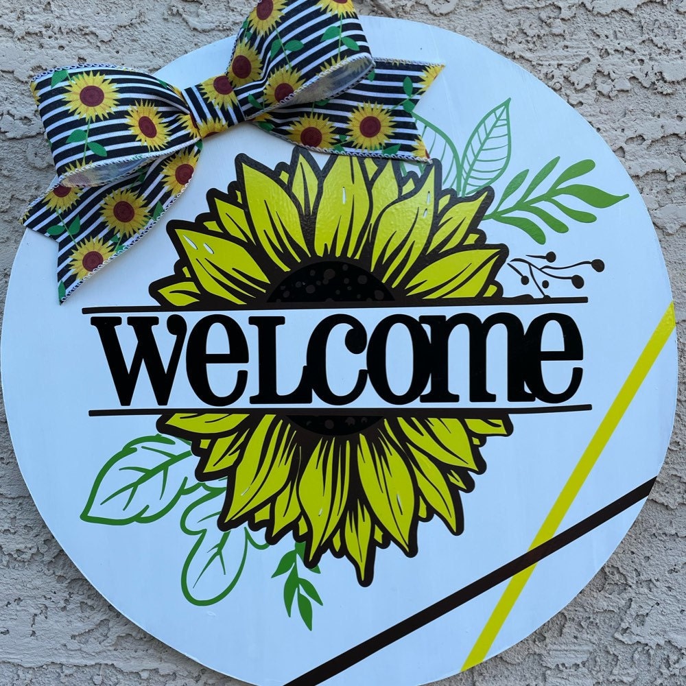 stripes Wood Welcome Sign SUNFLOWER Welcome Sign Round Wood Sign Home ...