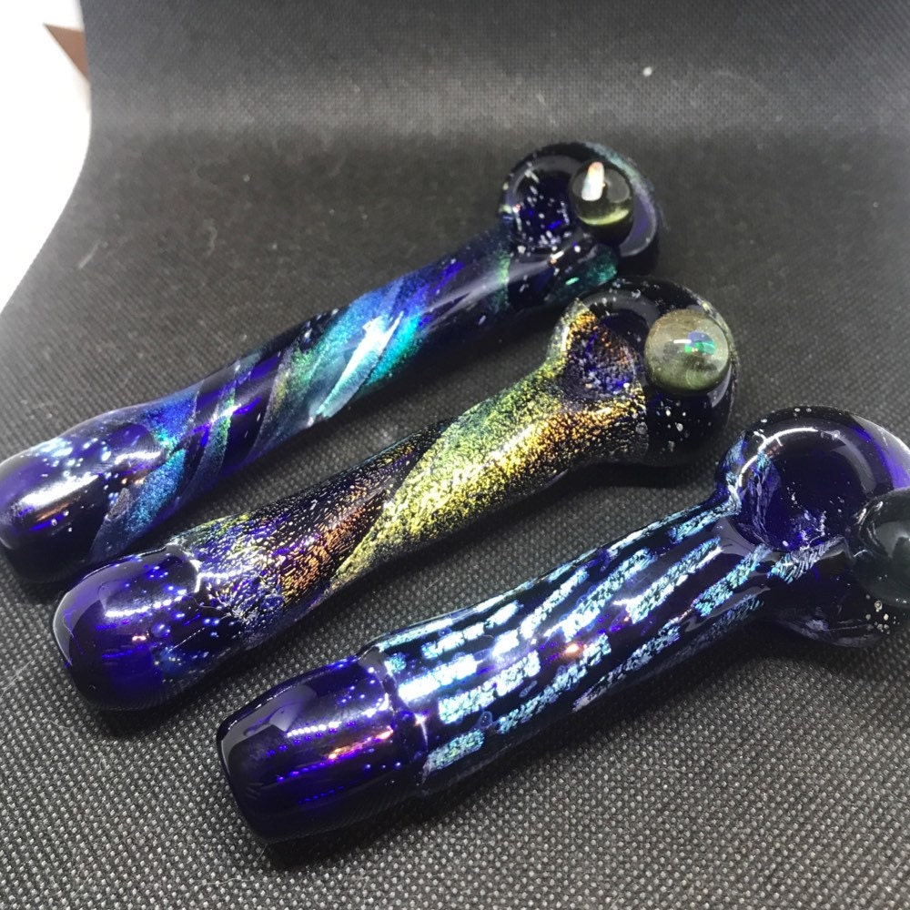 Blue American handblown tobacco Pyrex glass pipe with gold fume with ...