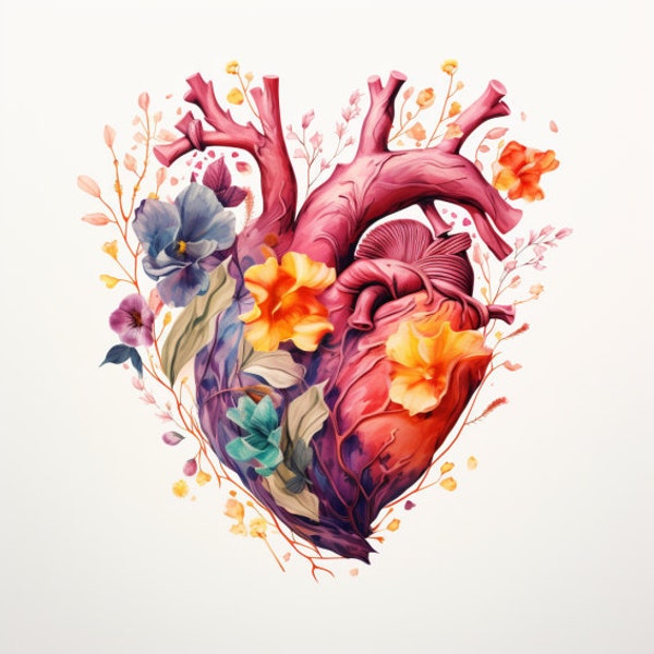 Anatomical Colorful Heart Art Print Floral Heart Wall Art Anatomy ...