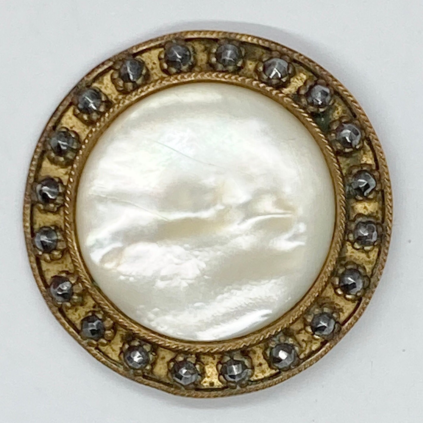 XL Stamped Brass Button with Faux MOP Inlay 1 1/4 Extra Fein Back Mark ...