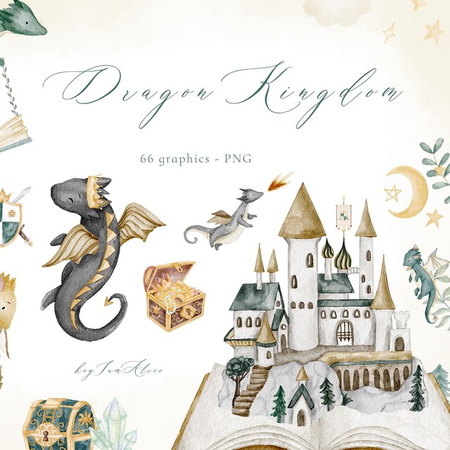 Dragon Watercolor Clipart, Knight Digital Clipart, Fairy Tale Graphics ...