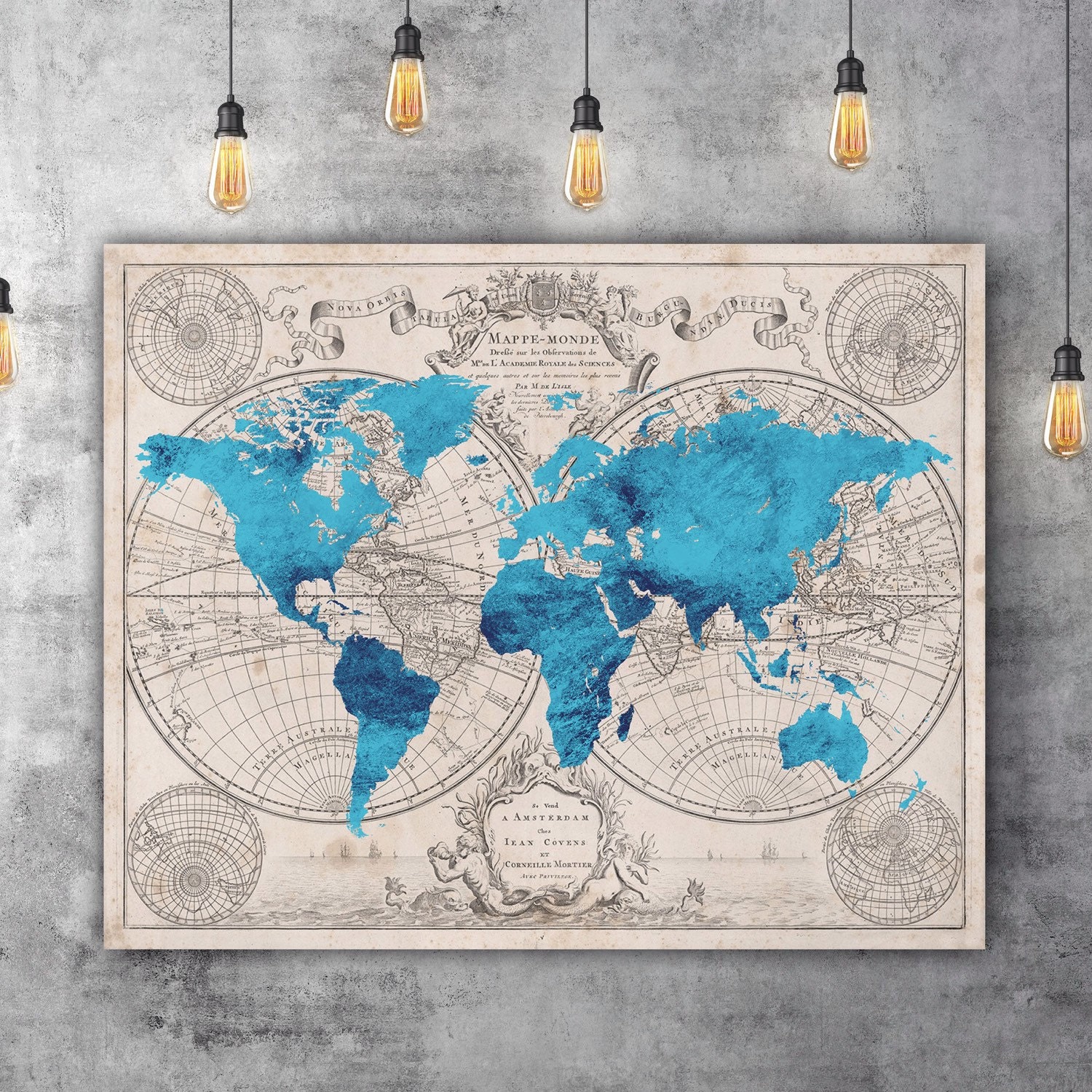 Turquoise Vintage World Map Print Retro Travel Poster Print | Etsy