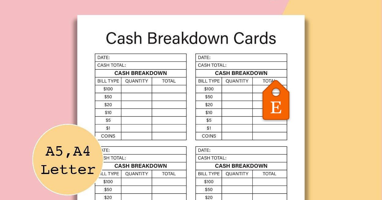 Cash Breakdown Count Sheet Printable, Cash Breakdown Cards PDF, Cash ...