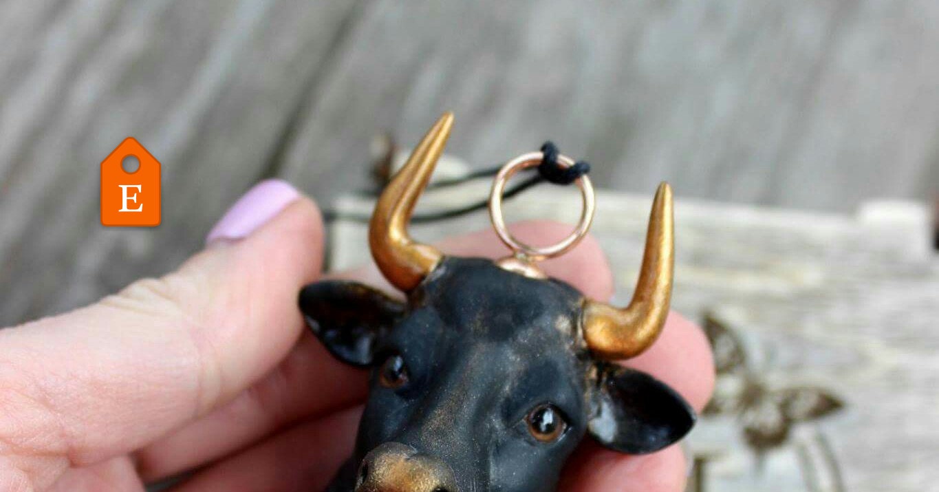 Bull Pendant, Taurus Gold Pendant Polymer Clay the Head of the Bull ...