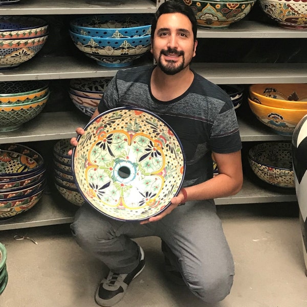 CARIBE Mexican Handpainted Washbasin Round Sink MEDIUM Talavera Ceramic ...